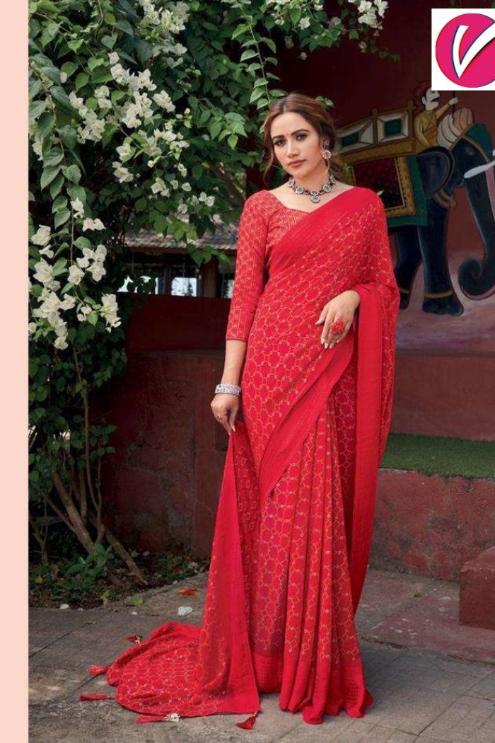 Exquisite Red Pure Georgette Saree with Jacquard Border | Venishka