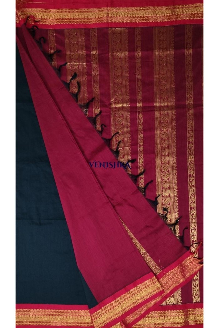 Black and Maroon Kalyani Cotton Saree at Venishka.com