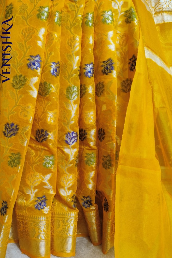 Yellow Handloom Semi Georgette Fancy Saree at Venishka.com
